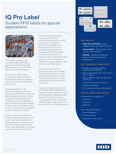 HID IQ Pro Labels - High-Temp UHF RFID Labels
